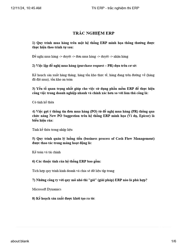TN ERP - trắc nghiệm thi ERP | PDF