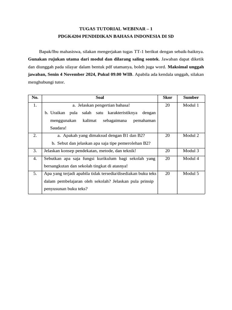 Soal TT1 Pendidikan Bahasa Indonesia - Nov 2024 | PDF