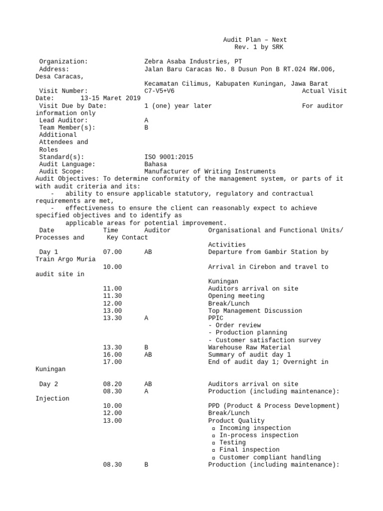 Audit Plan ISO 9001 | PDF | Audit | Quality Management System