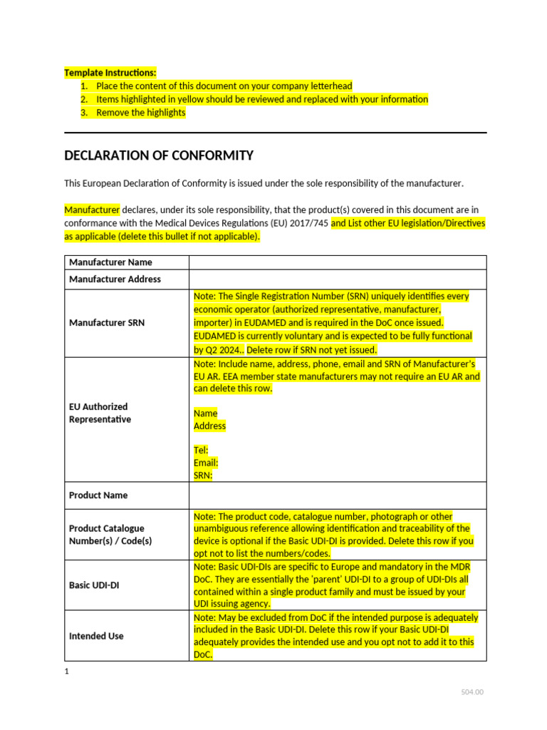 Template DoC MDR-Class1-SC | PDF