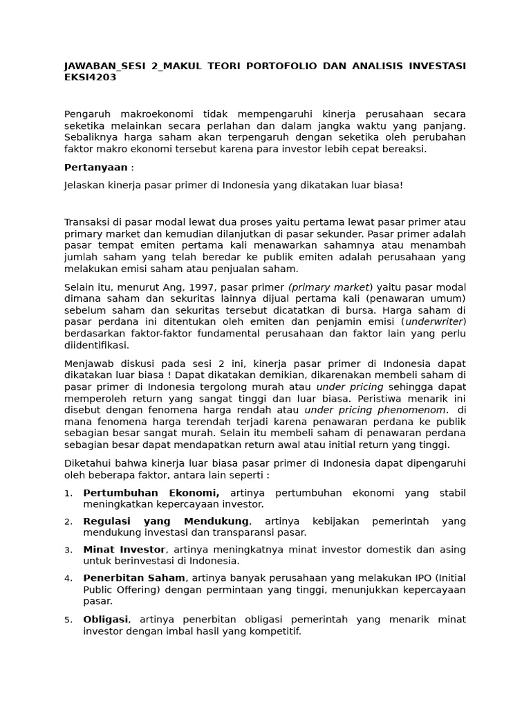 JAWABAN_SESI 2_MAKUL TEORI PORTOFOLIO DAN ANALISIS INVESTASI EKSI4203 | PDF