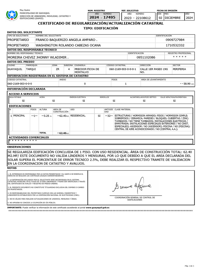 Certificado de Regularización/Actualización Catastral 2024 17495 | PDF