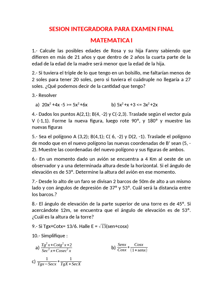 Sesion Integradora para Examen Final Matematica 1 | PDF