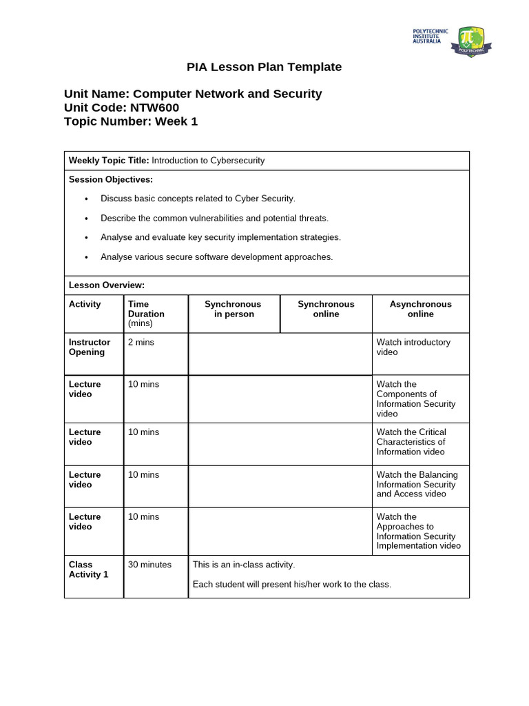 NTW600 Week 1 Lesson Plan | PDF | Computer Security | Security