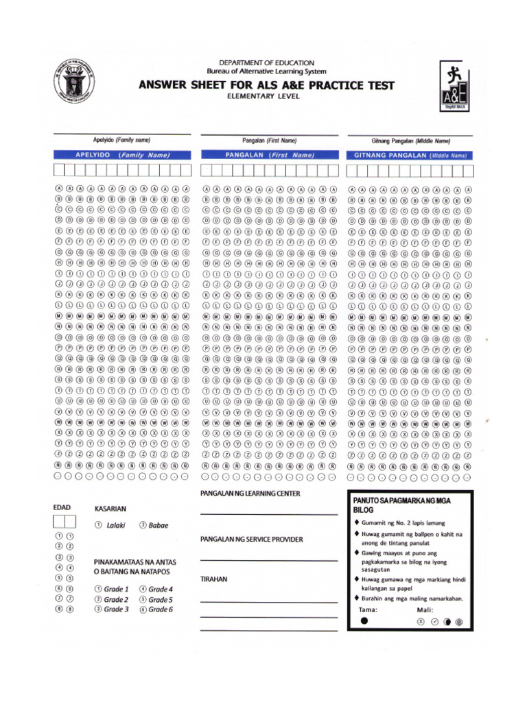 Sample ALS AE Test Answer Sheets For Elementary Secondary Levels | PDF
