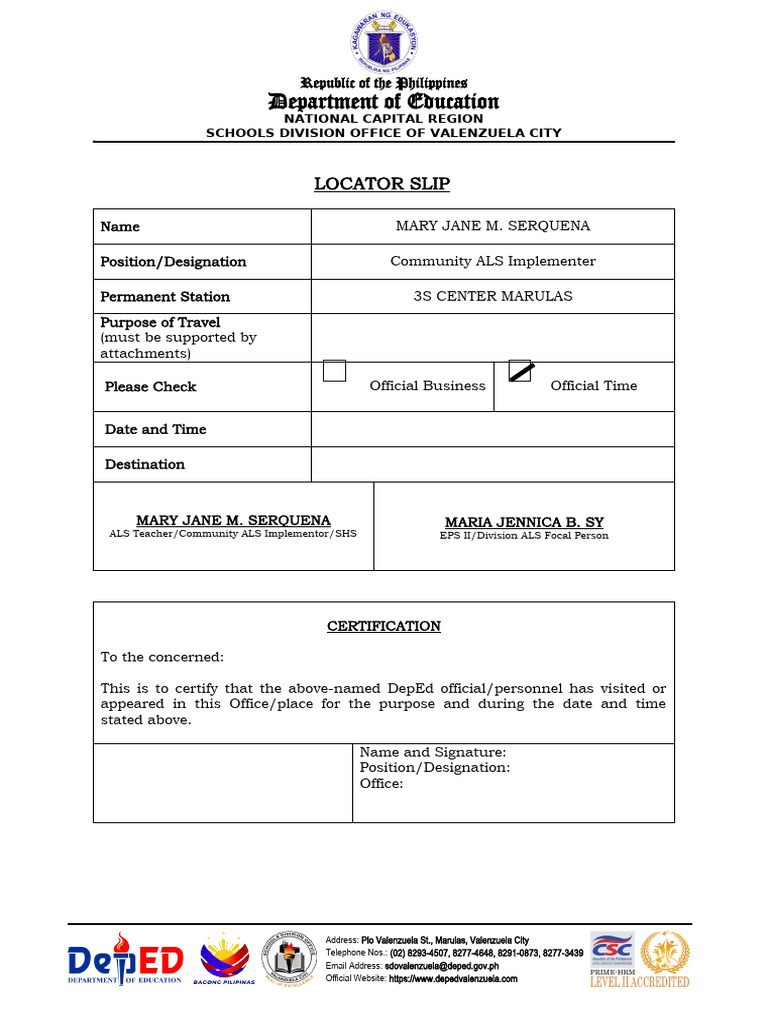 Valenzuela City DepEd Locator Slip | PDF