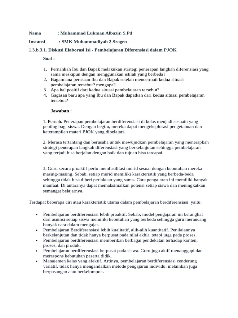 1.3.b.3.1. Diskusi Elaborasi Isi - Pembelajaran Diferensiasi Dalam PJOK M. LUKMAN. A | PDF