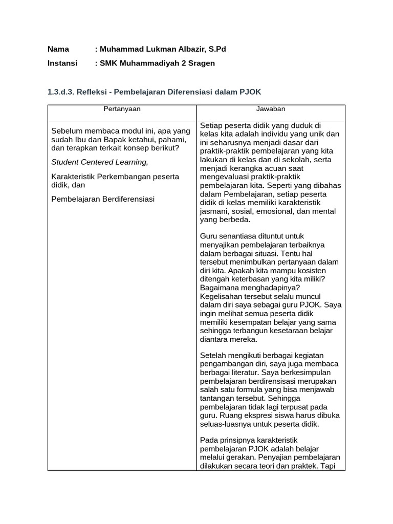 1.3.d.3. Refleksi - Pembelajaran Diferensiasi Dalam PJOK M. LUKMAN - A | PDF
