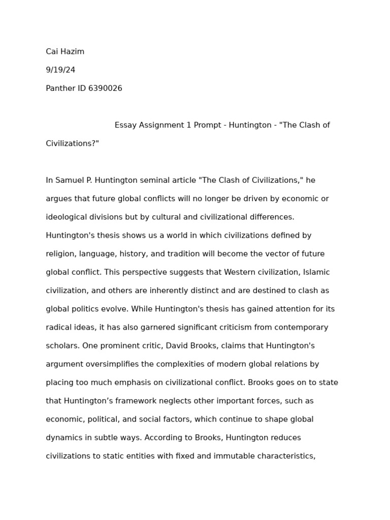 Essay Assignment 1 Prompt - Huntington - "The Clash of Civilizations ...