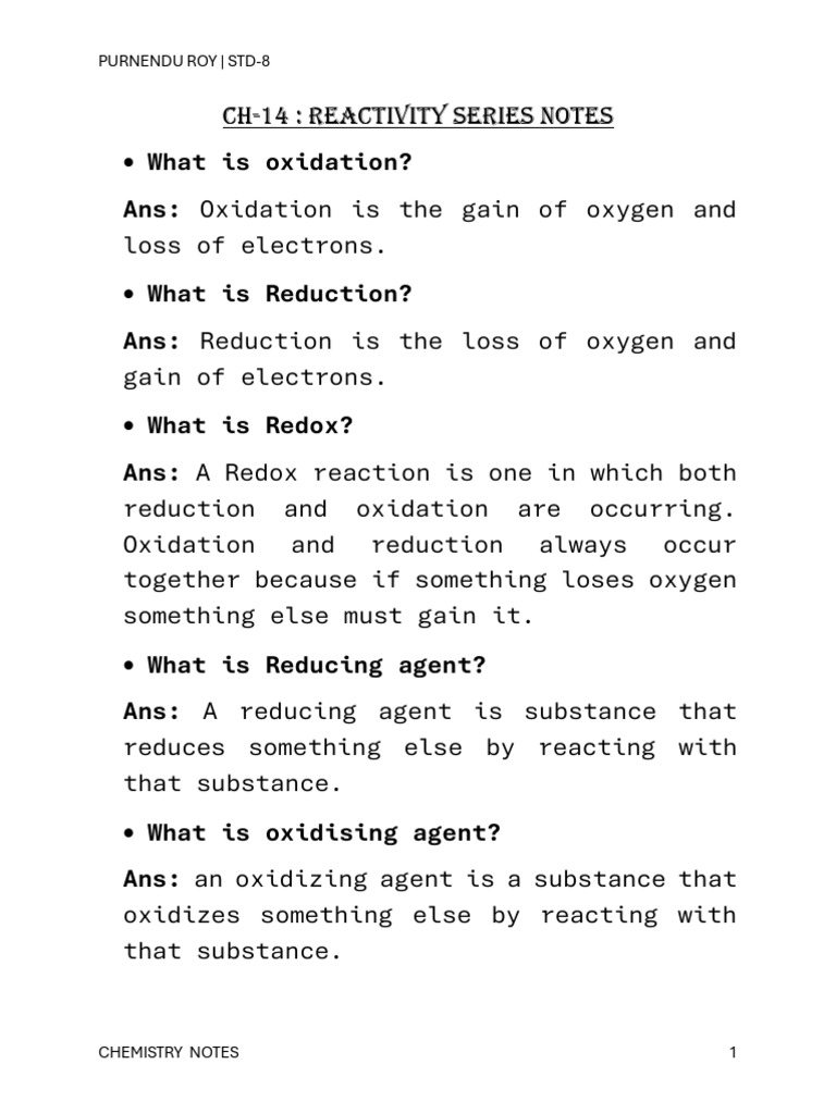 Reactivity Series & Metal Extraction Notes | PDF