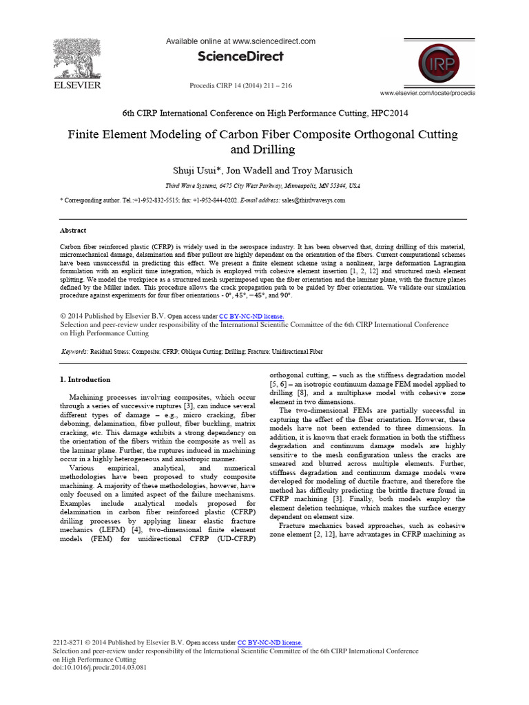 Finite Element Modeling Of Carbon Fiber Composite Orthogonal Cutting And Drilling Pdf
