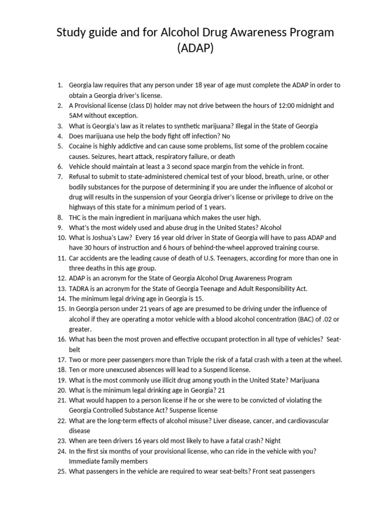 ADAP Study guideWITHANSWERS | PDF | Driving Under The Influence | Cannabis (Drug)