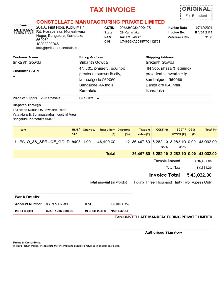 TAX_INVOICE_INV24-2114_3163 | PDF | Economy Of India | Economy Of Asia