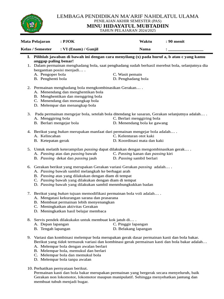 SOAL PAS pjok kelas 6 | PDF
