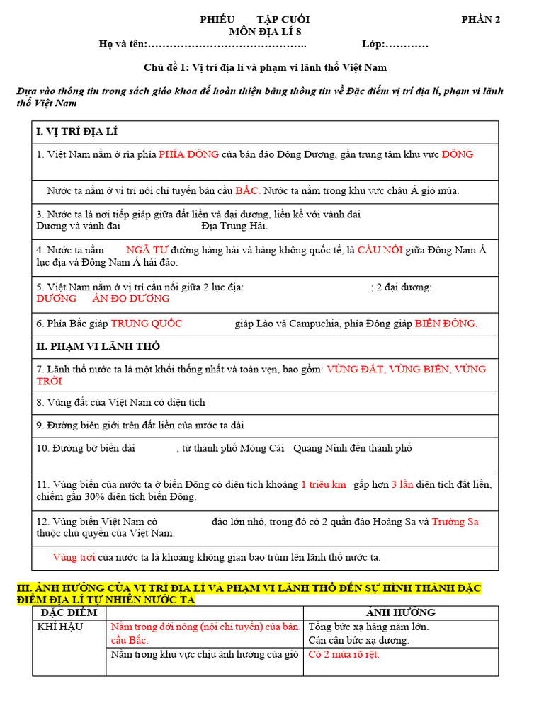 ĐỊA 8 - PHIẾU ÔN CKI - PHẦN 2 - Đáp Án | PDF