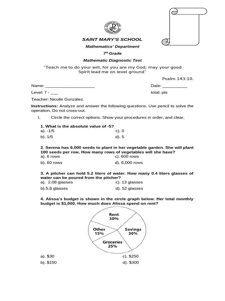 Prueba diagnostica 7th grade | PDF | Mathematics