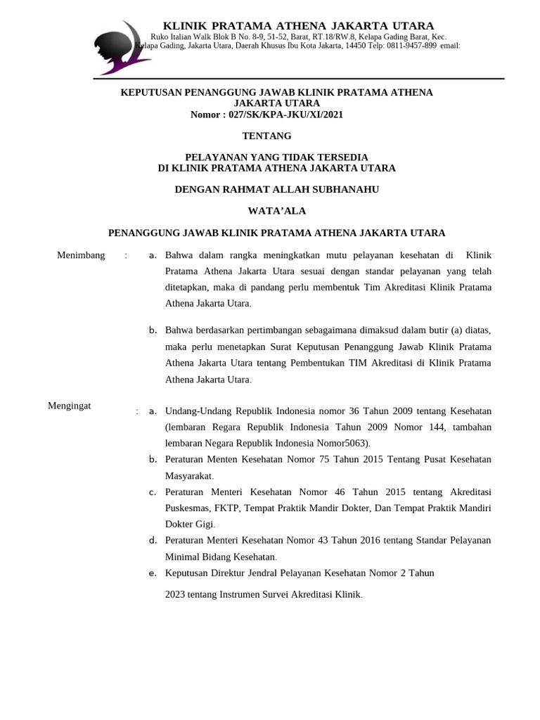 SK Pelayanan Yang Tidak Tersedia Di Klinik (TDD) | PDF