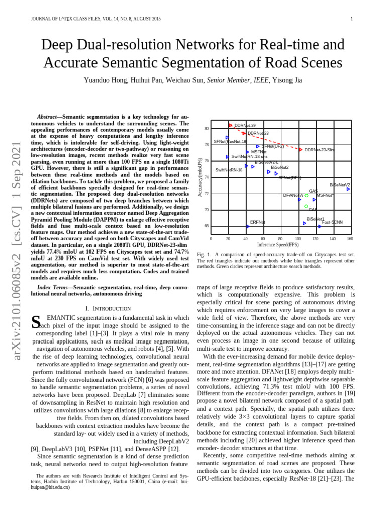 Deep Dual Resolution Networks For Real Time And Accurate Semantic Segmentation Of Road Scenes