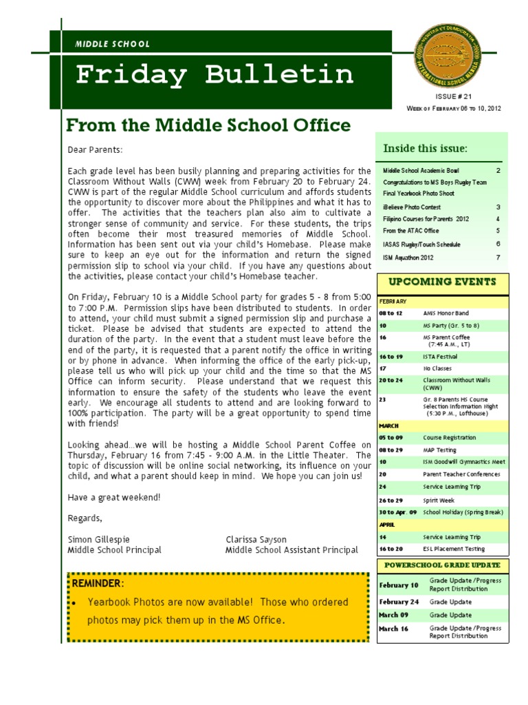 Friday Bulletin: From The Middle School Office | PDF | Middle Schools ...