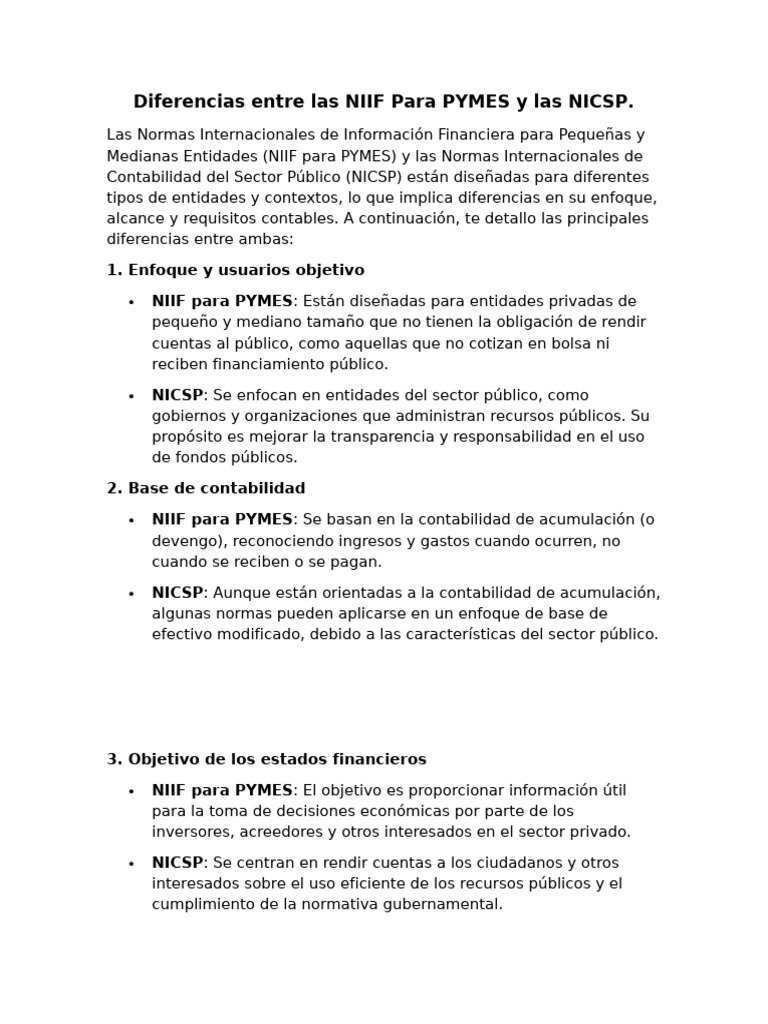 Diferencias y Similitudes Entre Las NIIF para PYMES y Las NICSP | PDF | normas internacionales ...