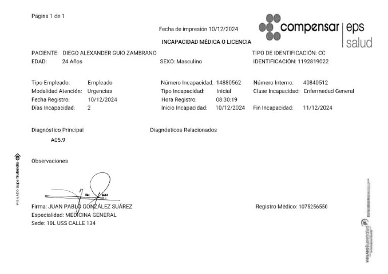 Compensar 2024-12-10 Diego Alexander Guio Zambrano | PDF