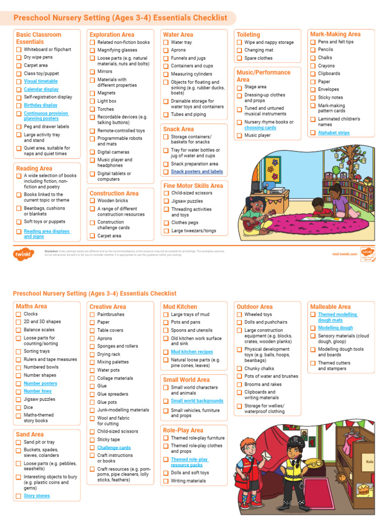 Preschool Nursery Setting Ages 3 4 Essentials Checklist For Early Years ...