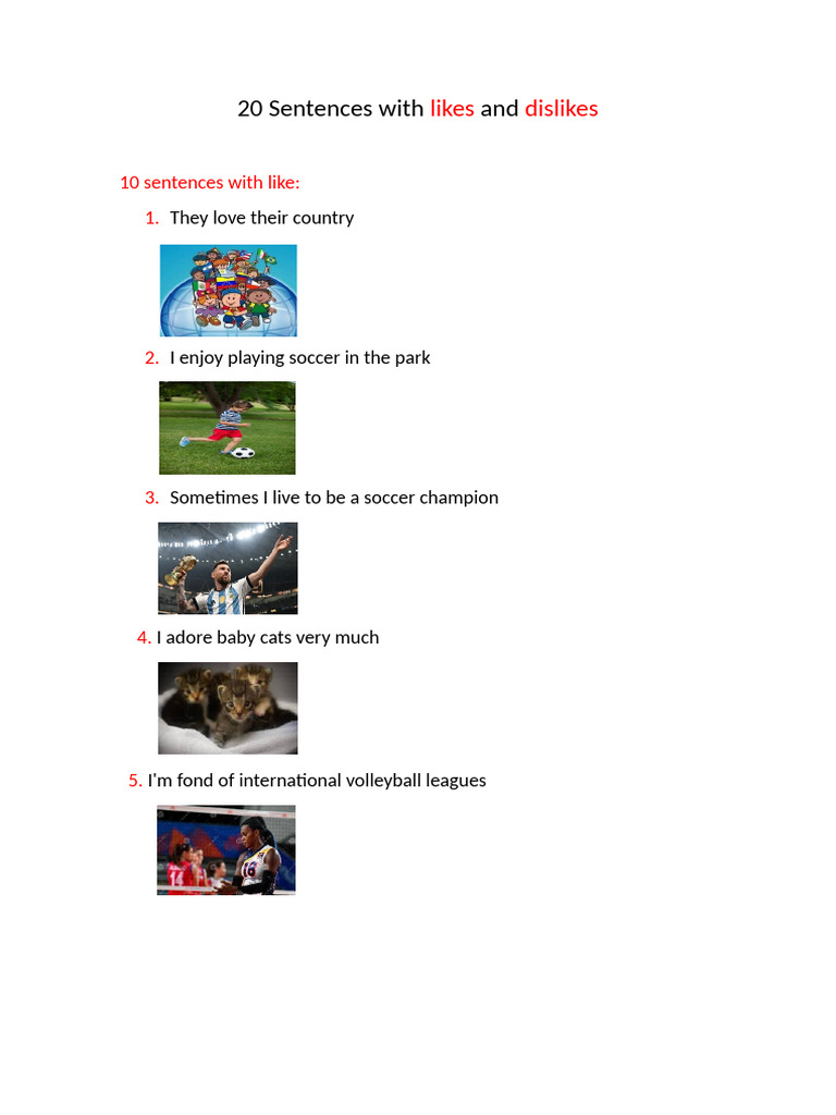 20 Sentences with likes and dislikes | PDF
