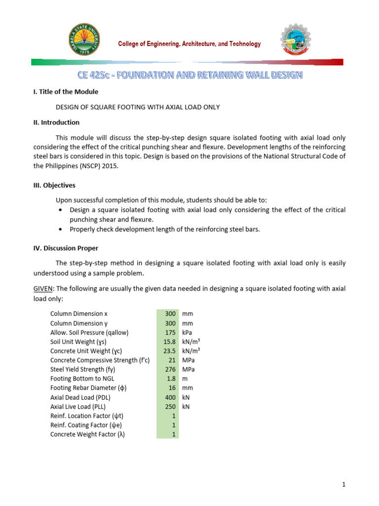 Module-2-Design-of-Square-Footing-1 | PDF | Reinforced Concrete | Concrete