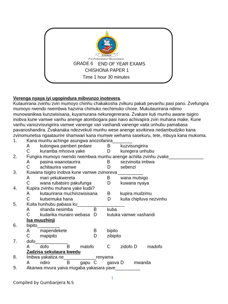 Grade 6 Chishona Paper 1 End of Year Exams 2022 | PDF