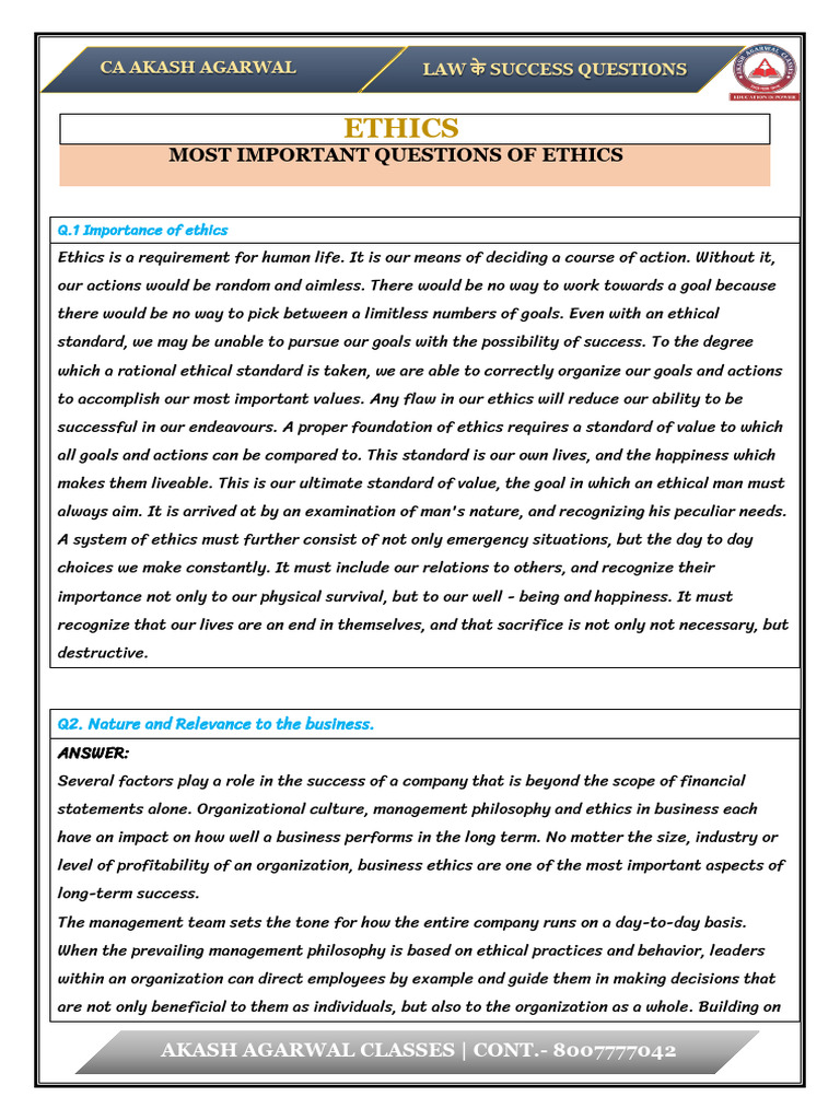 ETHICS Important Ques | PDF | Business Ethics | Reputation