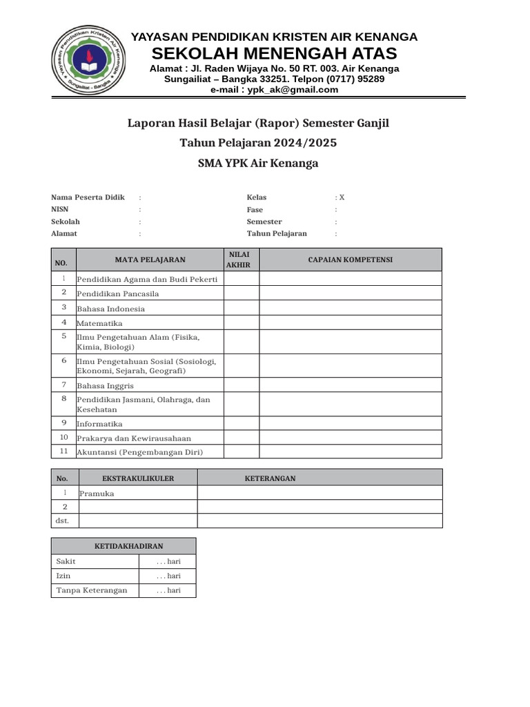 Format Raport SMA Kelas X Kurmer (3) | PDF