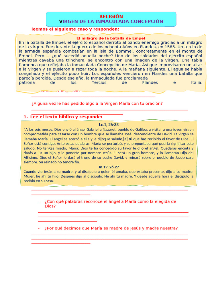 01. FICHA RELIGION- INMACULADA CONCEPCIÓN | PDF | María, madre de Jesús