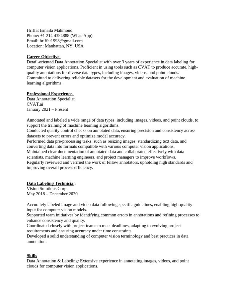 Data Annotation Specialist CV | PDF | Machine Learning | Computer Vision