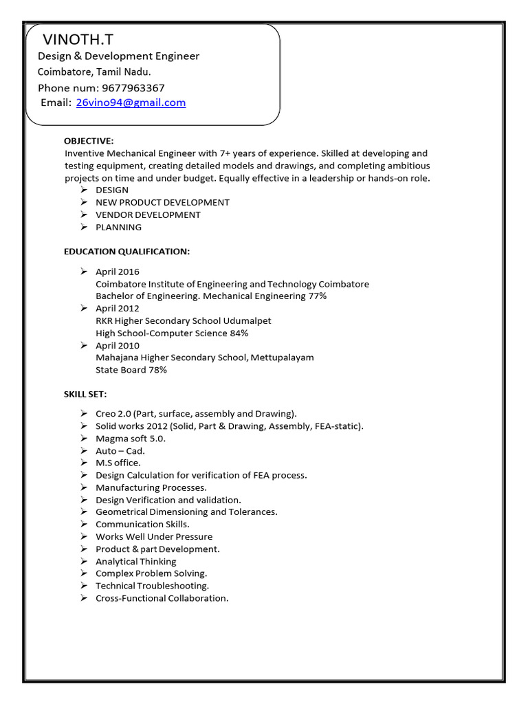 CV-VINOTH T | PDF | Casting | Computer Aided Design