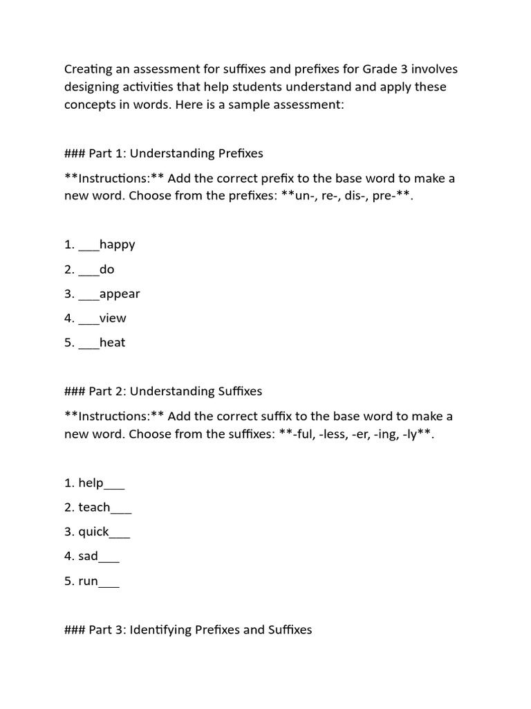Suffix and Prefix Assessment | PDF | Linguistic Morphology | Linguistics