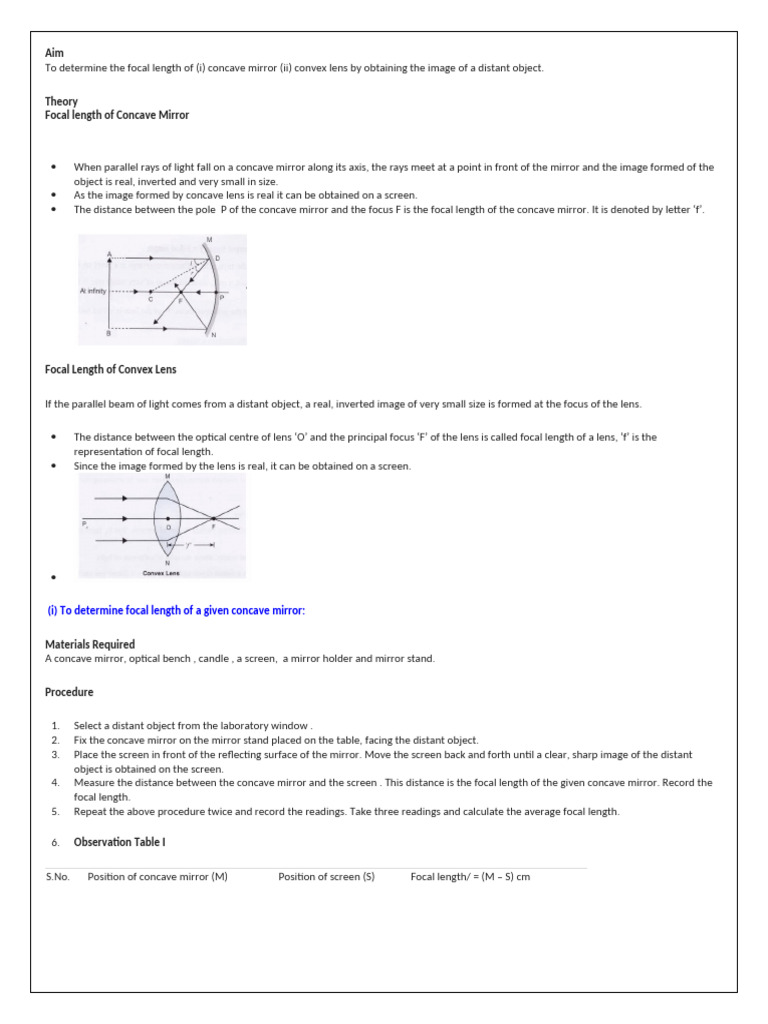 To Find Focal Length of Concave Mirror and Convex Lens | PDF | Mirror | Electrodynamics