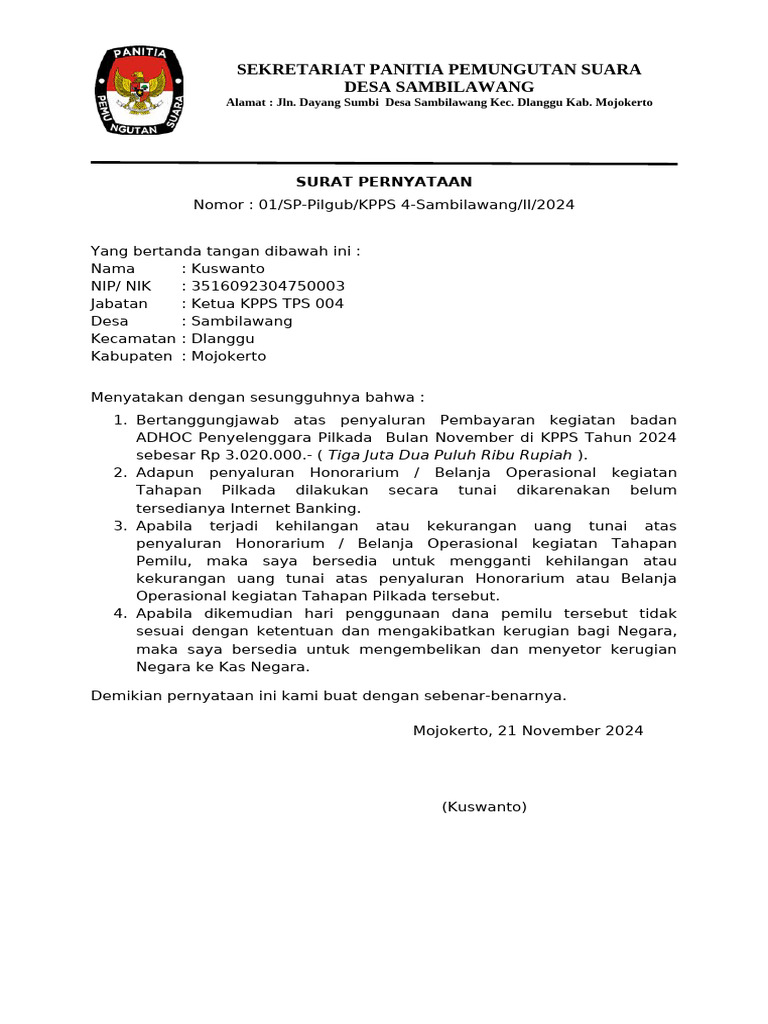 Surat Pernyataan TPS.004 Sengon | PDF