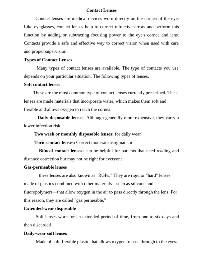 Types of Contact Lenses Explained | PDF