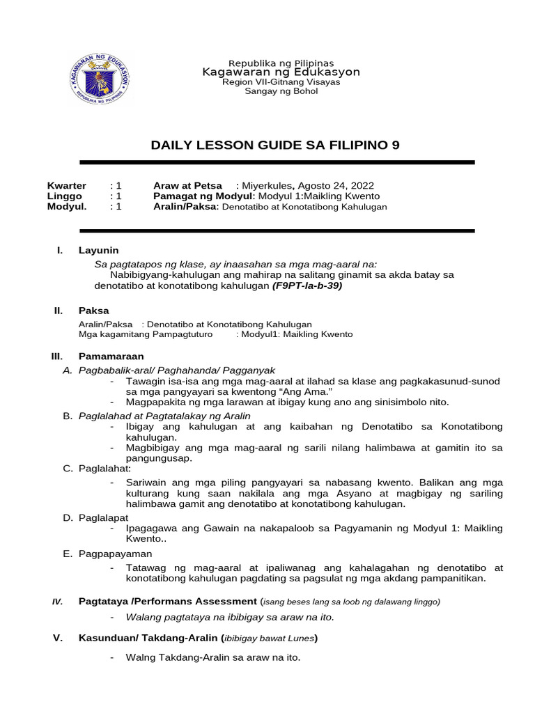 DAILY LESSON GUIDE SA FILIPINO 9 - Q1 - WK1 - Day3 | PDF