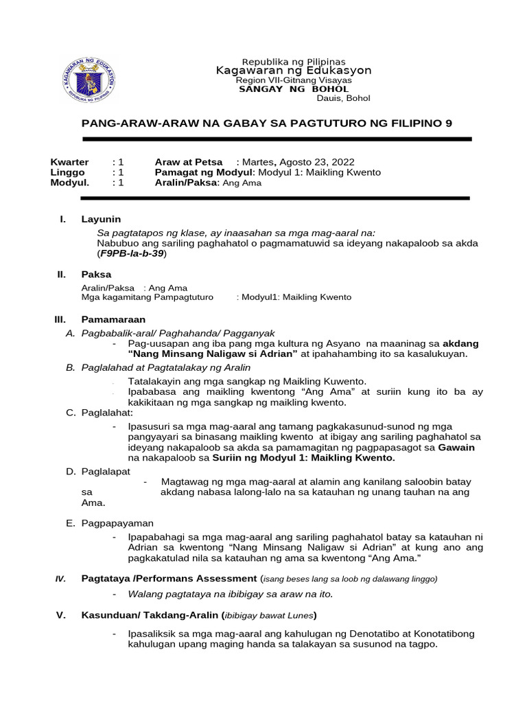 DAILY LESSON GUIDE SA FILIPINO 9 - Q1 - WK1 - Day2 | PDF