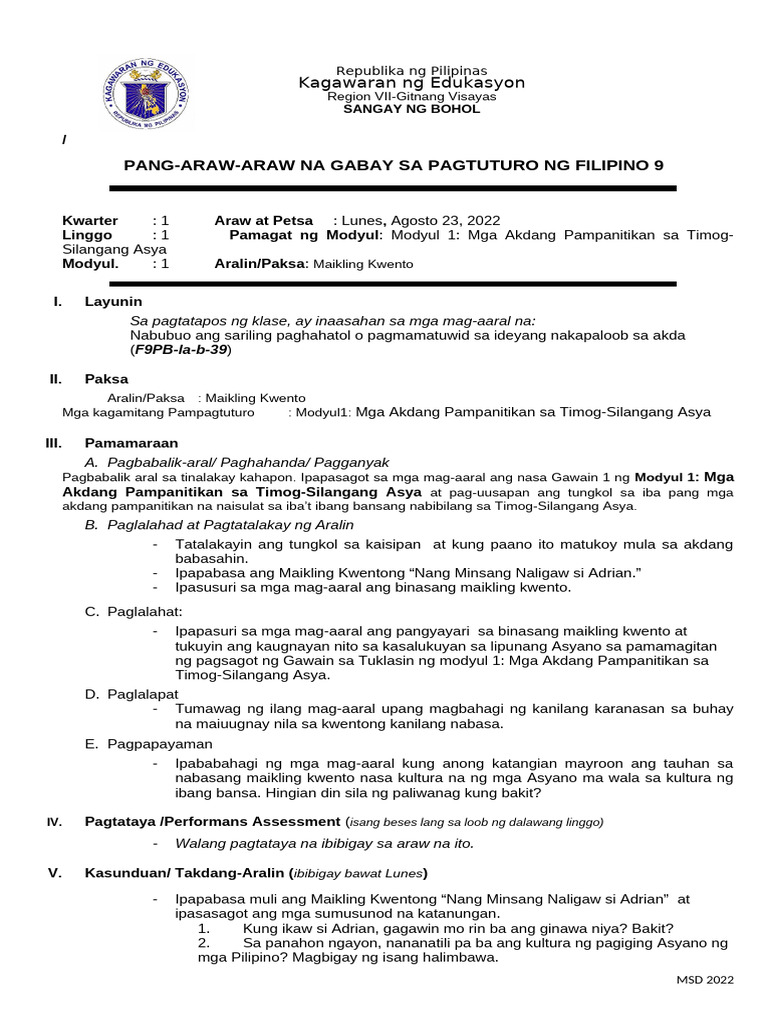 DAILY-LESSON-GUIDE-SA-FILIPINO-9_Q1_WK1_Day1 | PDF