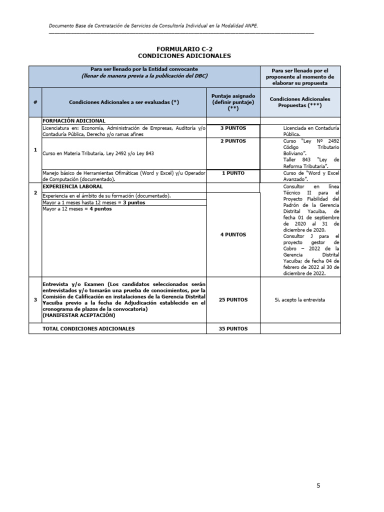 (Llenar de Manera Previa A La Publicación Del DBC) : Formulario C-2 Condiciones Adicionales | PDF