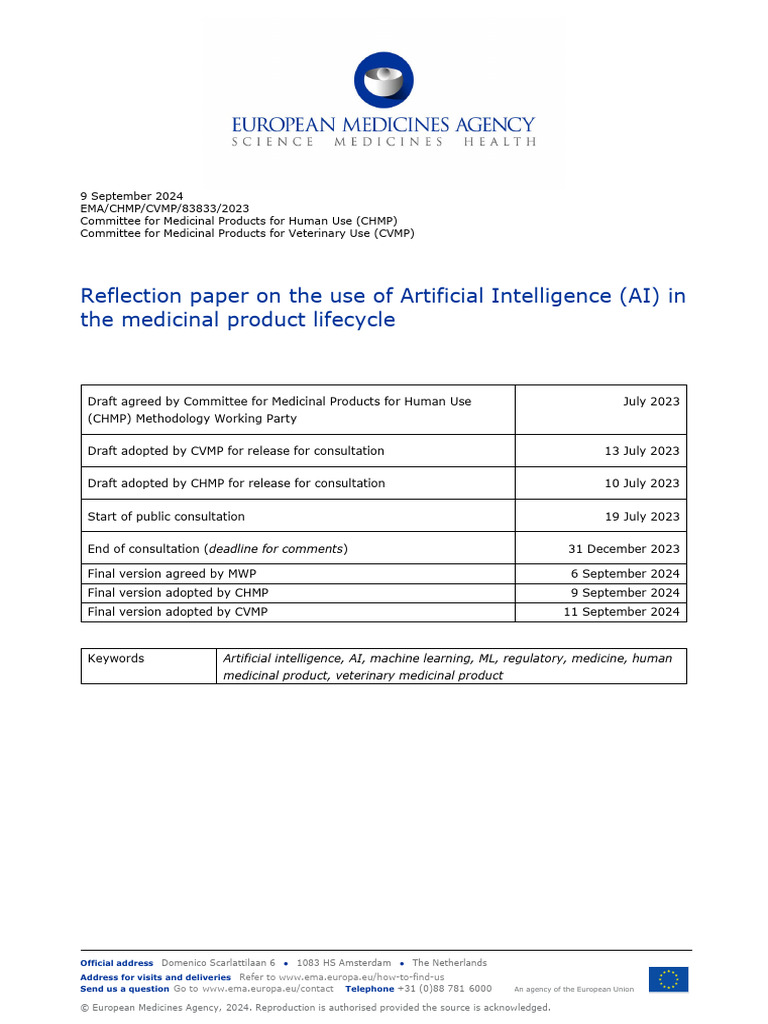 Reflection Paper Use Artificial Intelligence Ai Medicinal Product ...