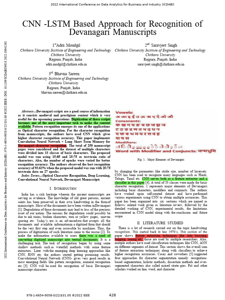 CNN - LSTM Based Approach For Recognition of Devanagari Manuscripts | PDF | Artificial Neural ...