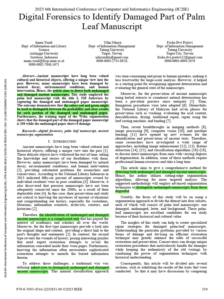 Digital Forensics To Identify Damaged Part of Palm Leaf Manuscript | PDF | Image Segmentation ...