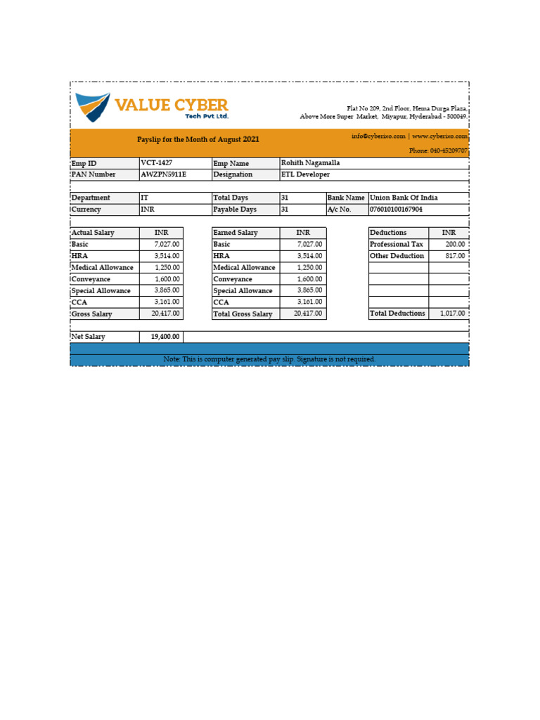August 2021 Payslip Breakdown | PDF