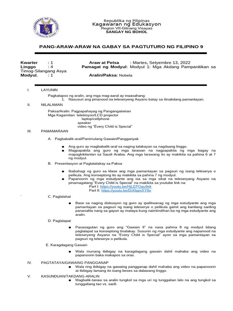 DAILY LESSON GUIDE SA FILIPINO 9 - Q1 - WK4 - Day1 | PDF