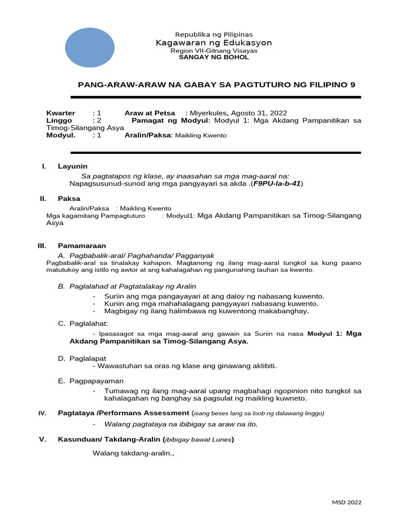 DAILY LESSON GUIDE SA FILIPINO 9 - Q1 - WK2 - Day2 | PDF