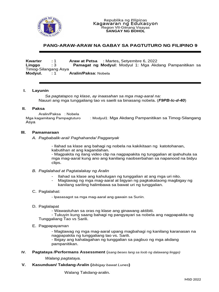 DAILY-LESSON-GUIDE-SA-FILIPINO-9_Q1_WK3_Day2 | PDF
