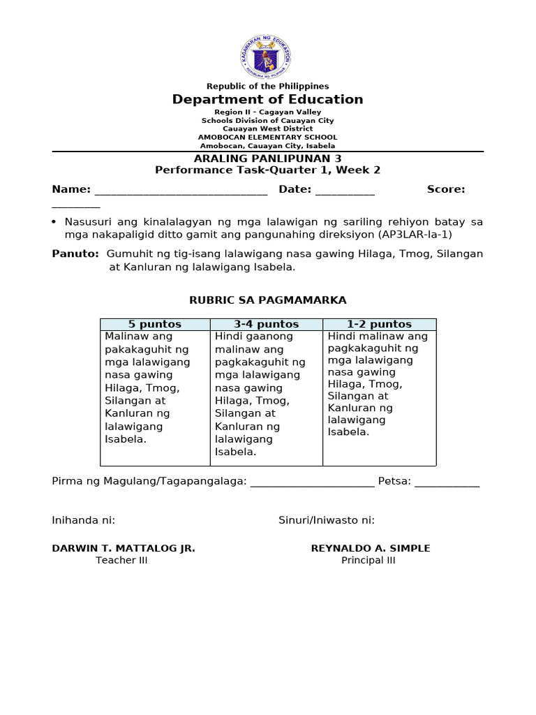 Grade3 Performance-Task-Q1-W2 | PDF | Philippines